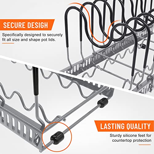AHNR Expandable Pot and Pan Organizers Rack, 10+ Pans and Pots Lid Organizer Rack Holder, Kitchen Cabinet Pantry Bakeware Organizer Rack Holder with 10 Adjustable Compartments (Grey)
