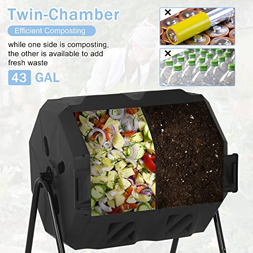 43 Gallon Compost Bin with Dual Chamber Sliding Doors, Outdoor 360° Tumbling Rotating Composting Bins Solid Steel Frame Gardening Compost Tumbler Bucket Trash Can for Patio Yard Waster, Black Door