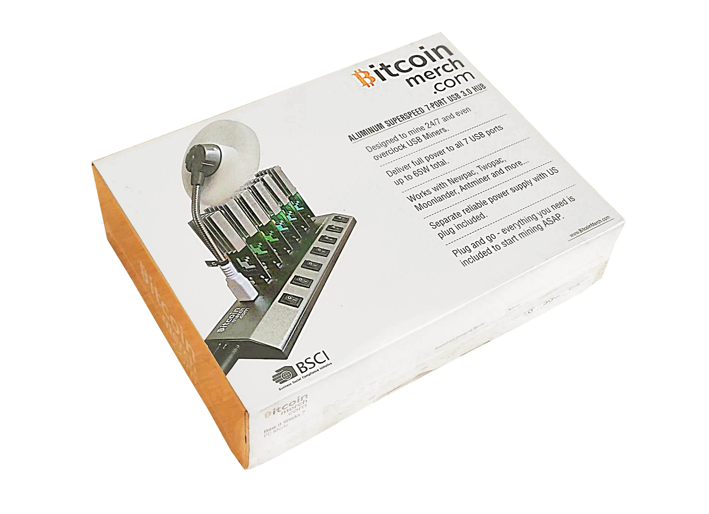BitcoinMerch.com - Powered 7-Port USB 3.0 Hub, Upgraded 65W Compatible with Newpac, Twopac, Moonlander, Antminer US Plug - USB Miner NOT Included
