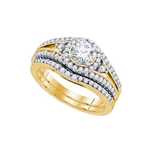 14kt Yellow Gold Womens Round Diamond Halo Bridal Wedding Engagement Ring Band Set 1-1/4 Cttw