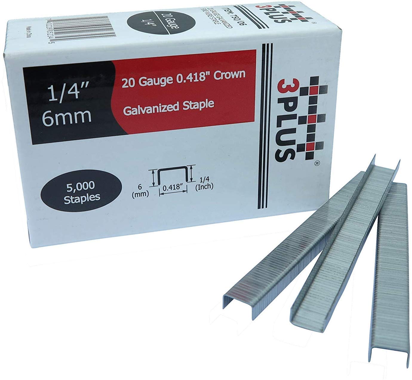 3PLUS T50/06 20 Gauge 3/8-Inch(10.6mm) Crown 1/4-Inch Leg Length Galvanized Fine Wire Staples, 5,000 per Box