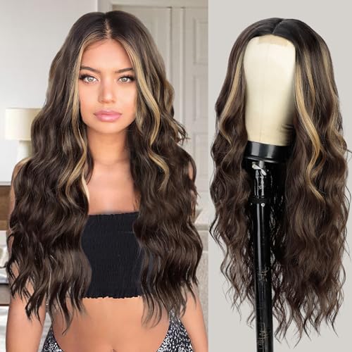 N NAYASA Long Wavy Middle Part Wig for Women Synthetic Curly Wigs Natural Wavy Heat Resistant Wig for Daily Party Use (Brown Mixed Blonde,24inch)