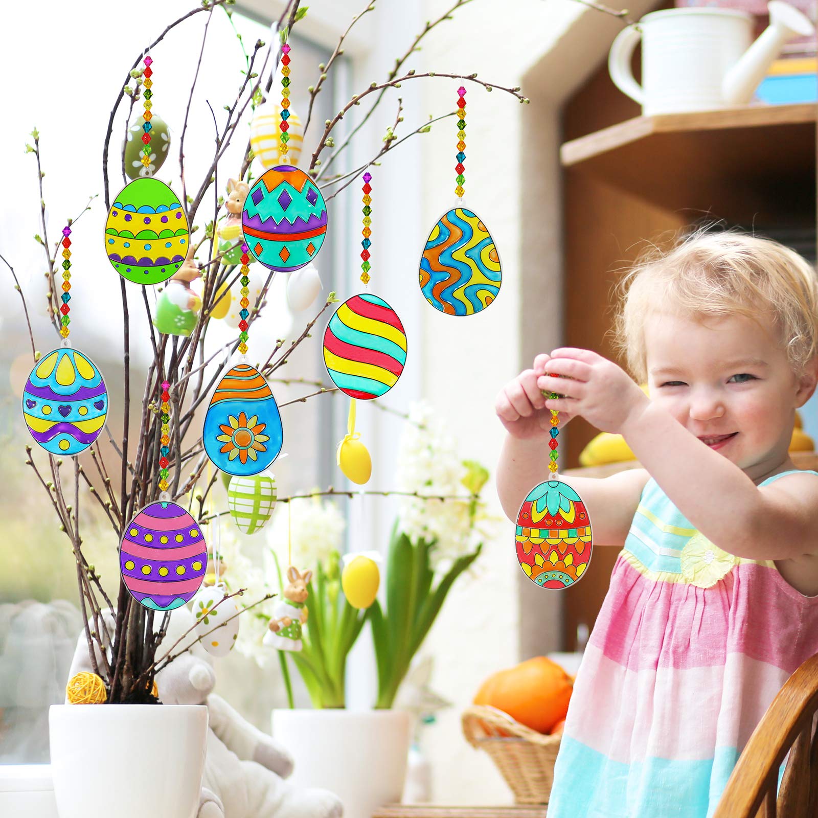 24 Sets Easter Egg Suncatcher Ornaments Decoration DIY Window Paint Art Stickers Craft Kit 8 Designs Easter Egg Suncatchers for Kids Classroom Easter Spring Activity Art Projects Basket Party Favors