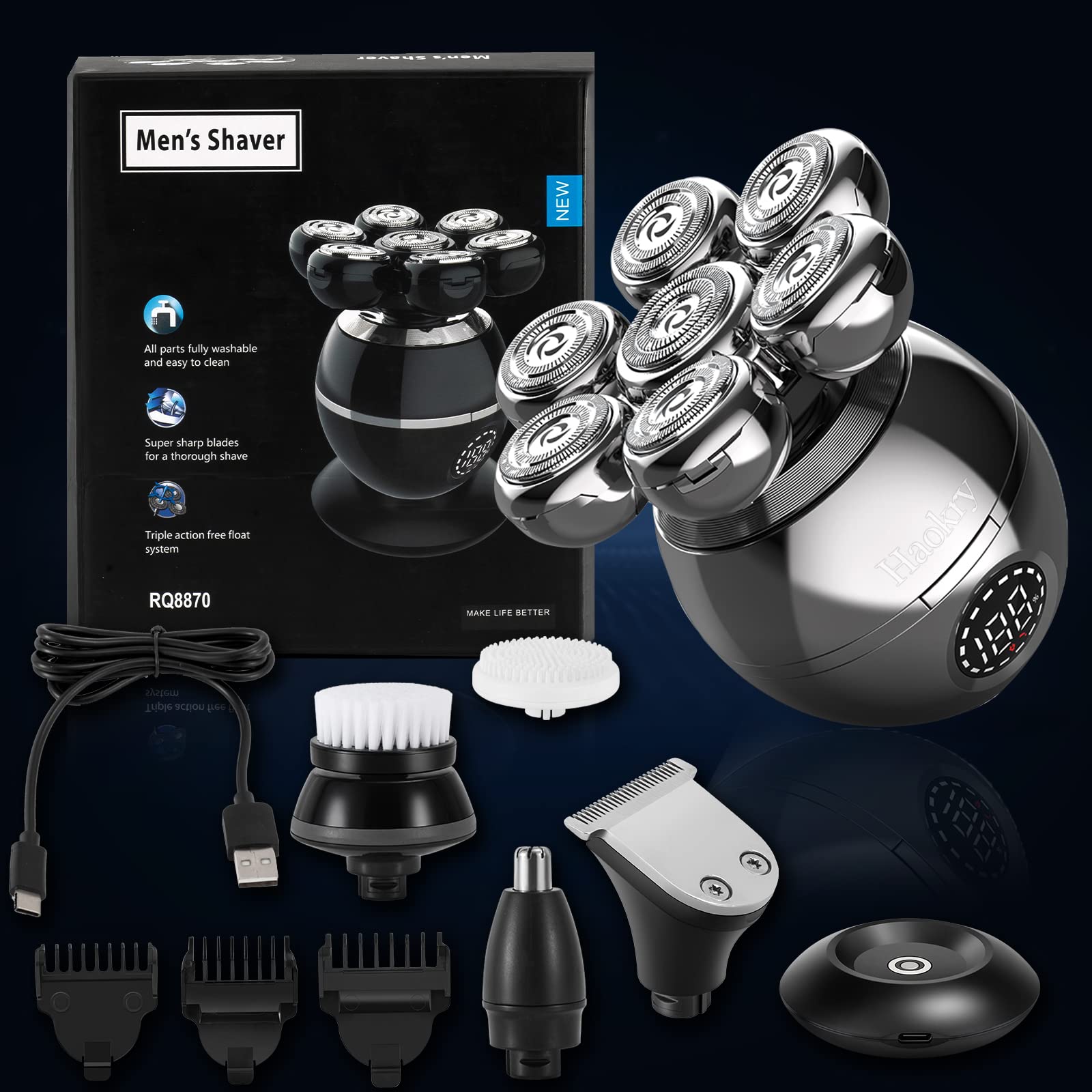 7D Electric Razor for Men,5-in-1 Bald Head Shaver Cordless LED Mens Electric Shavers IPX7 Waterproof Wet Dry Rotary Shaver Head Shavers for Bald Men with Beard Clippers Nose Trimmer
