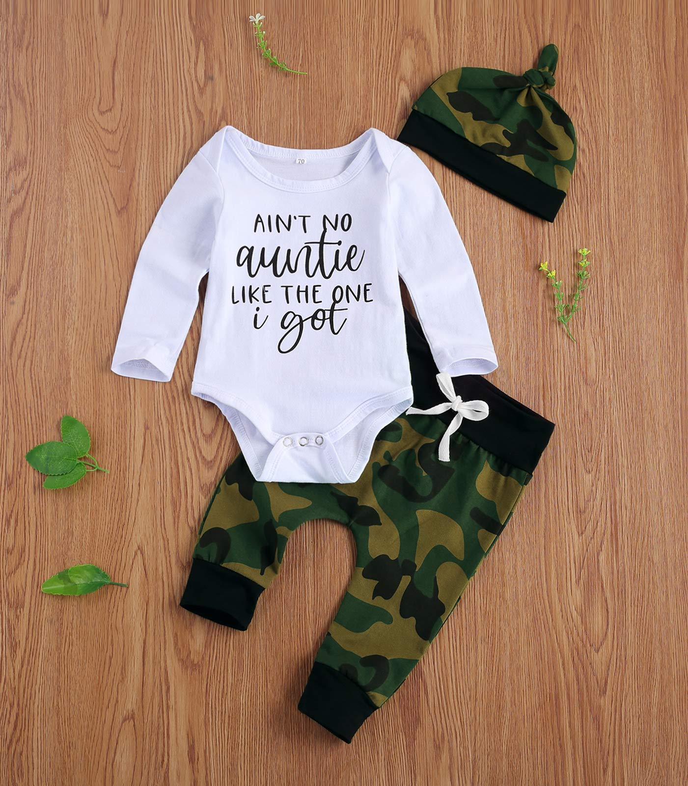 Madjtlqy Aint No Auntie Like The One I Get Baby Boy Clothes Aunties Sayings Bodysuits Camouflage Pants+Hats Romper Set