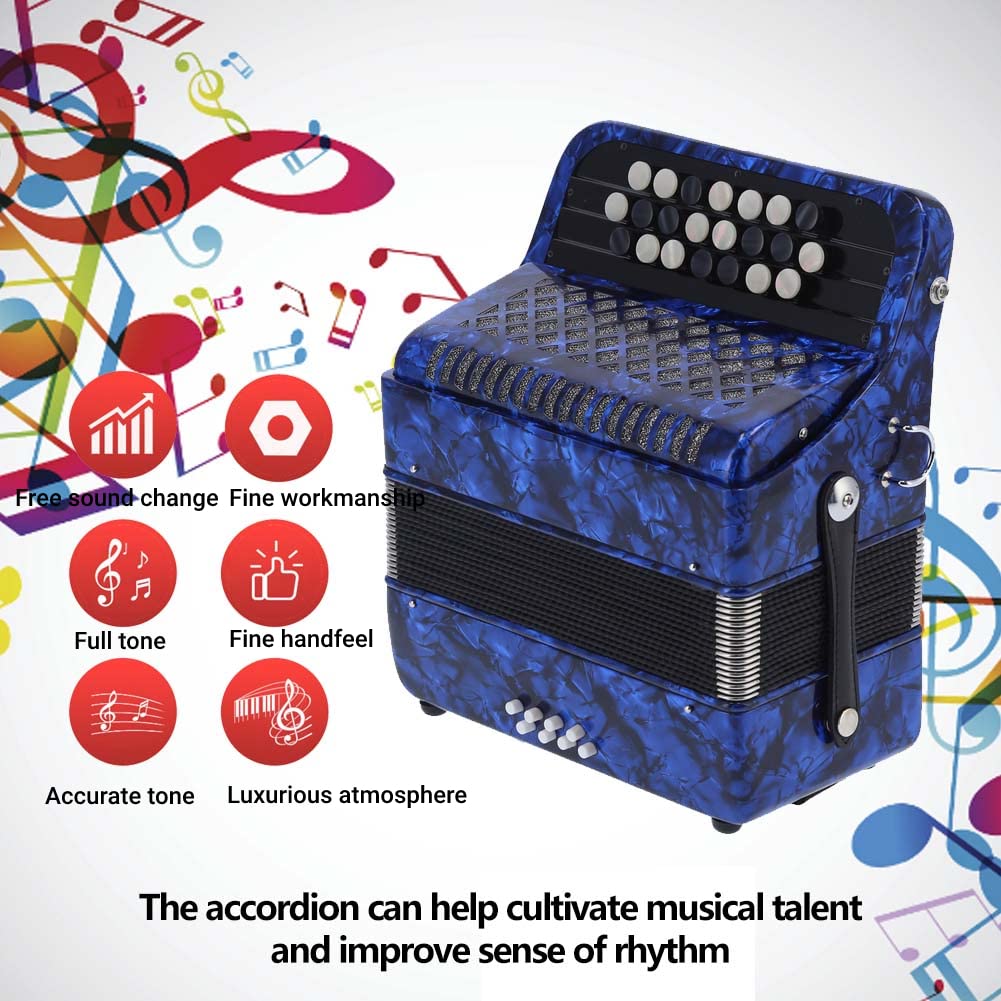 22 Key Diatonic Accordion 8 Bass Professional Button Accordion Instrument for Beginner with Storage Bag(Blue)