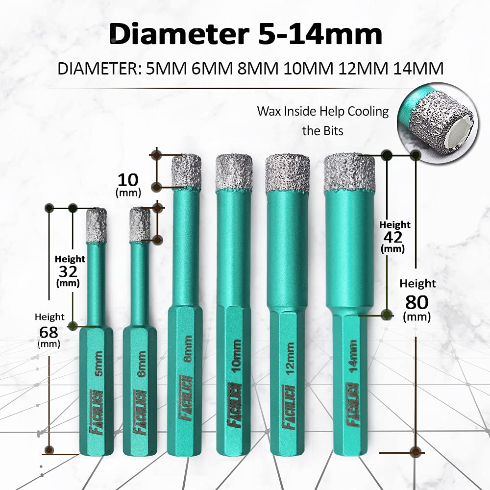 FACHLICH Porcelain Tile Drill bits 6/6/8/10/12mm Diamond Drill Bits Set with Hex Shank for Granite Marble Tile Porcelain Ceramic