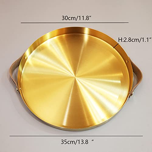 12 Inch Round Golden Tray with Brown Handle, Metal Vanity Tray with Mirror Finish, 1”Deep Decorative Brass Tray Serving Platter for Dessert Table, Jewelry, Exxacttorch