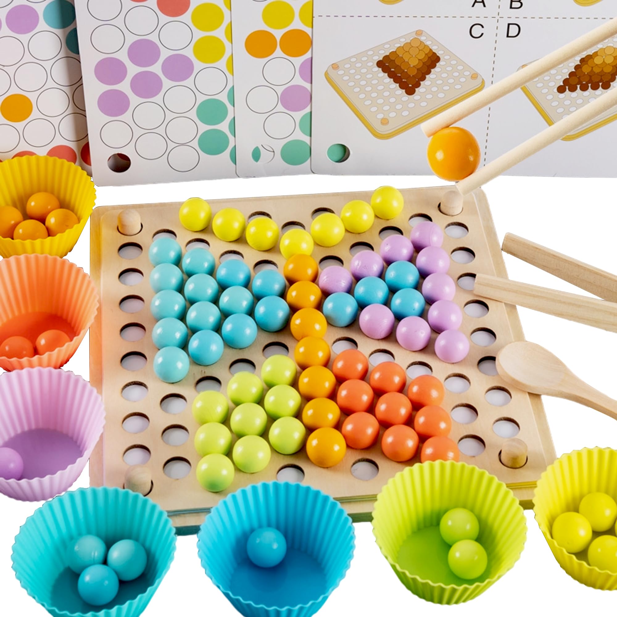 3 in 1 Toddler Board Games-Color Sorting, Math Counting and Montessori Puzzle Jigsaw -Fine Motor Toys with Rainbow Beads, Cups, Kids Tweezers, Spoon & Chopsitcks, Montessori Toys for 3 Year Old+