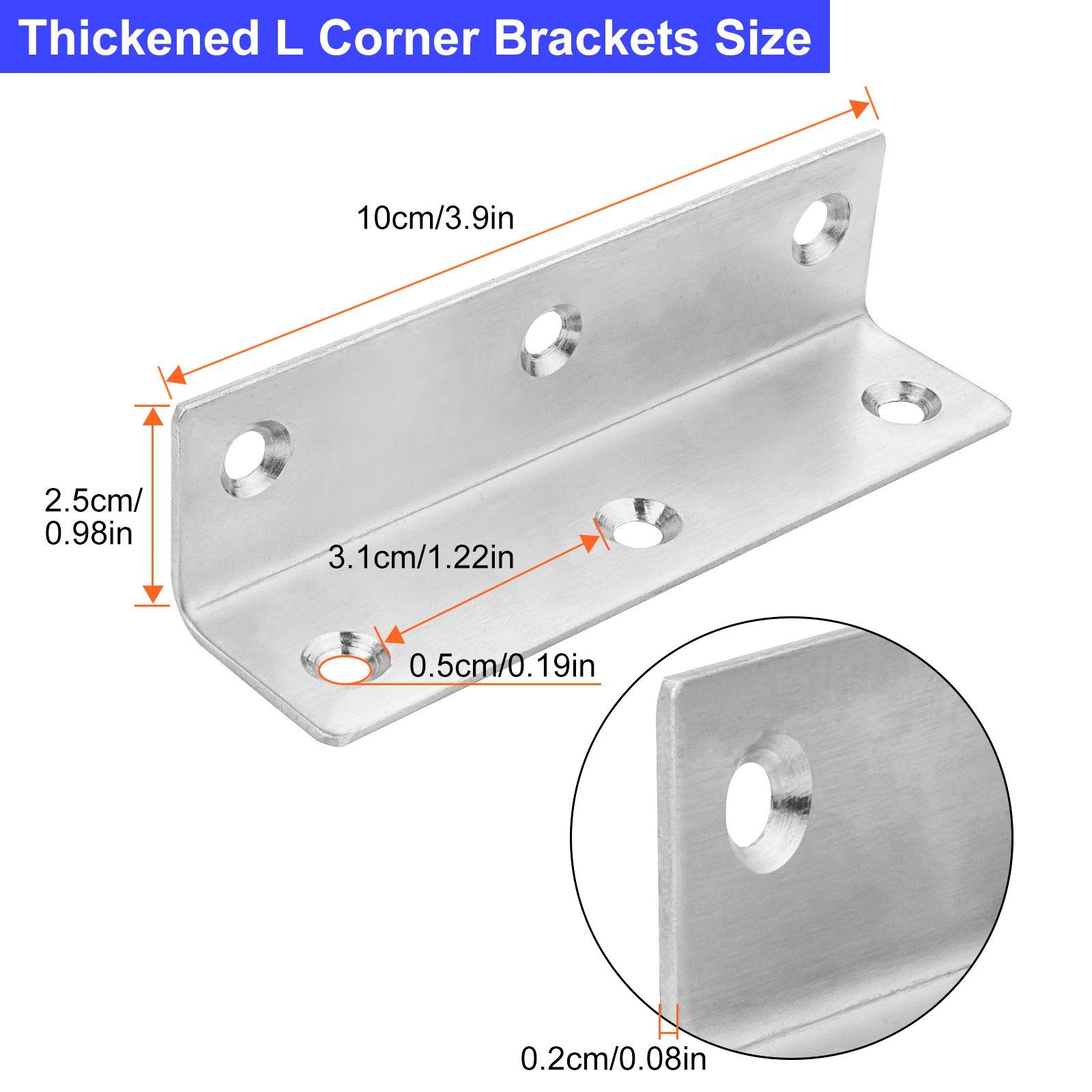 22 Pack Stainless Steel L Corner Brackets 100X25X2mm Heavy Duty L Bracket Joint Right Angel Corner Brace for Wood Cabinets Furniture