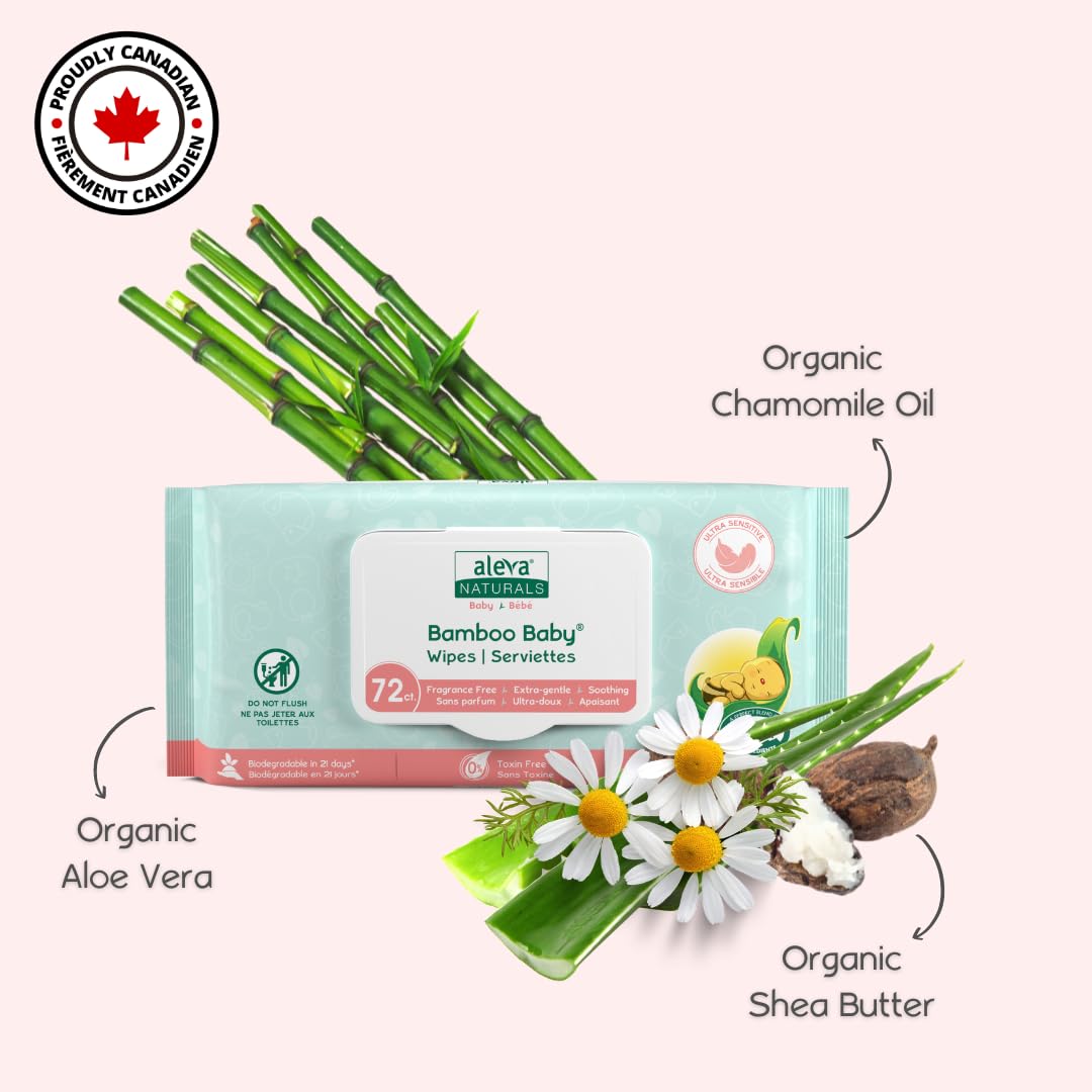 Aleva Naturals Bamboo Baby Sensitive Wipes for babies with Sensitive Skin, Natural and Organic Formula, Hypoallergenic, Biodegradable, Extra Strong and Ultra-Soft, Perfume Free Diaper Wipes - 72 Count