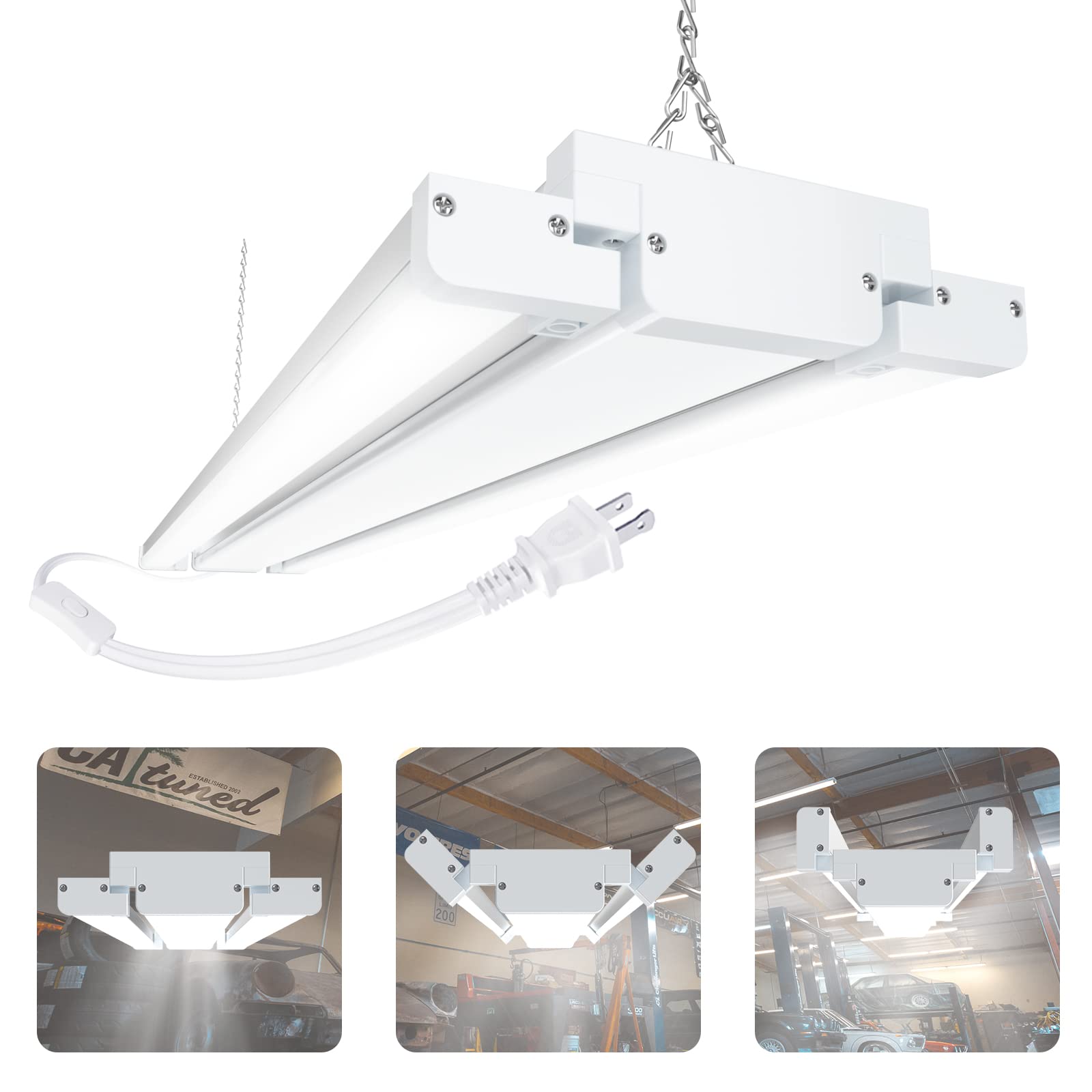 Bbounder Deformable LED Shop Light for Workshop, 6400LM 80W 4FT Utility Shop Lighting Fixture with Plug and Adjustable Panel, 5000K Daylight, Hanging or Flush Mount for Shop, Garage, Workbench, 1 Pack