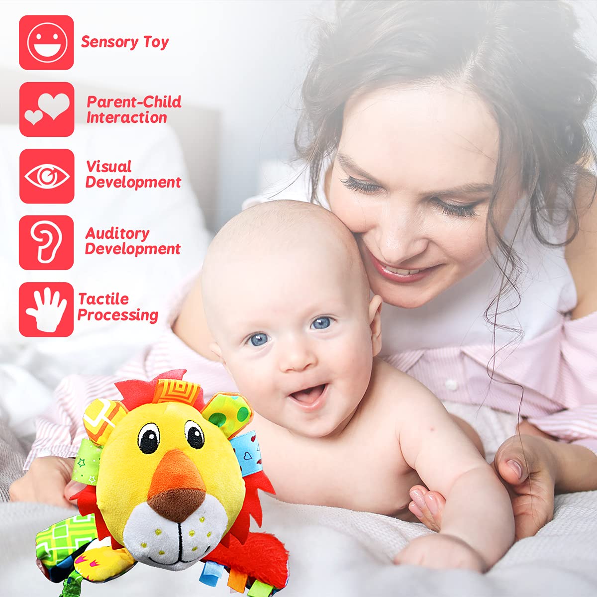 JERICETOY Baby Toy Plush Infant Toy with Musical Box Baby Carseat Toy Stroller Hanging Toy Development Toy with Rattles Crinkle Teether Magic Mirror, Stroller Clip-On Carseat Cot Crib Bed - Lion