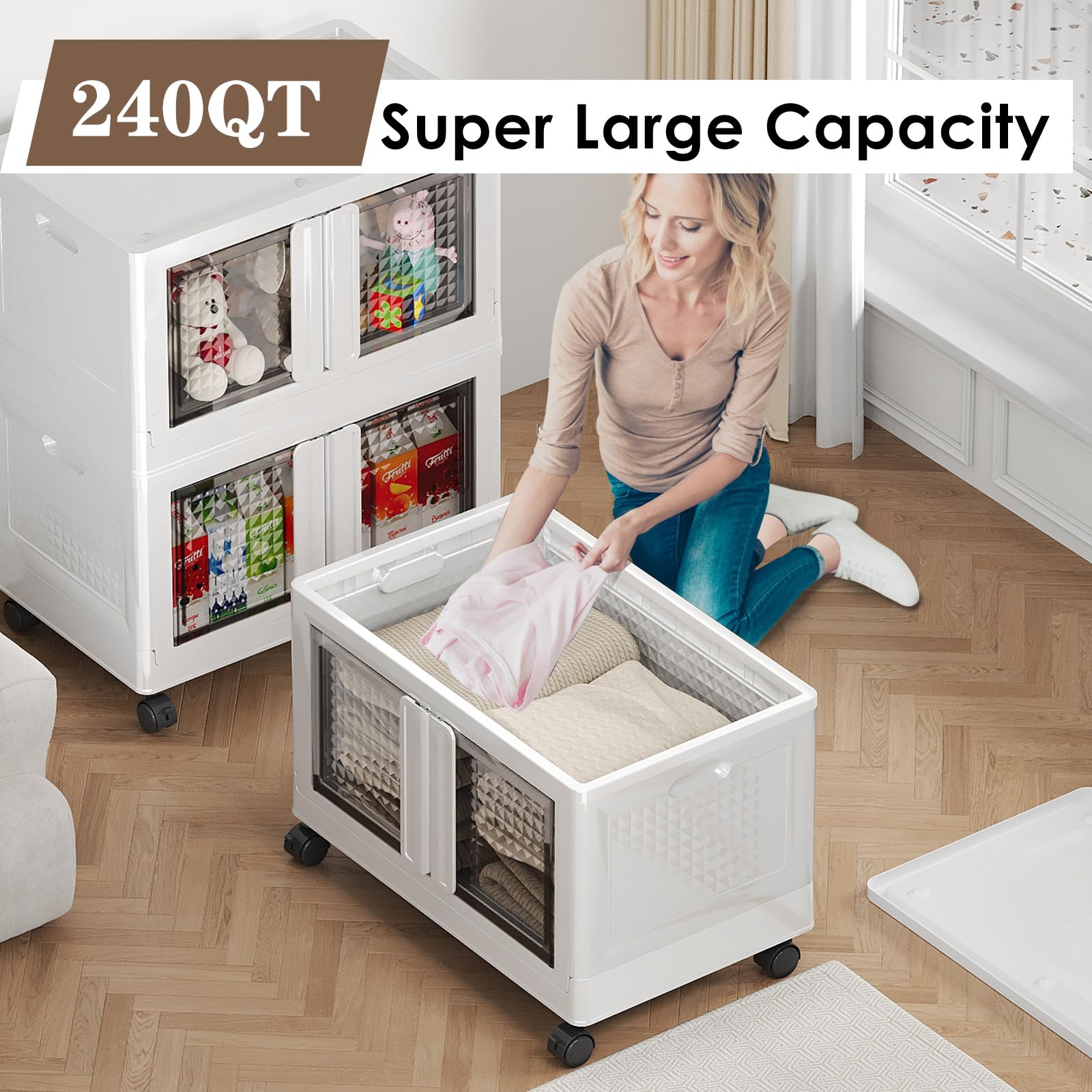 240 QT Storage Bins with Lids, Stackable Storage Bins with Wheels, Plastic Collapsible Storage Bins, Foldable Storage Cabinet Containers with Doors for Closet Dorm Garage Organizers, White
