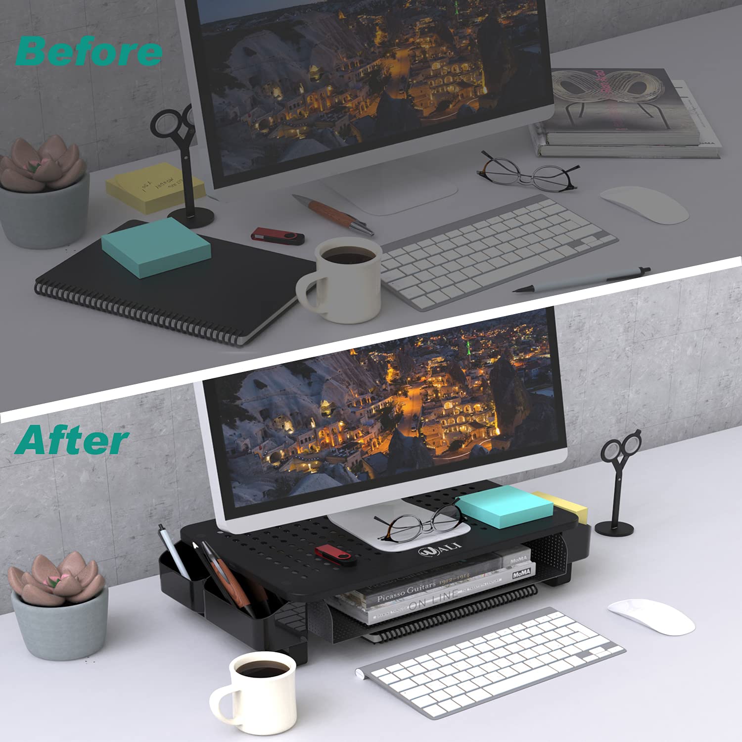 WALI Monitor Stand with Storage, Monitor Riser with Ventilation Drawer and Side Storage, Laptop Stand Riser for Desk, Printer Stands, (STT007), Black
