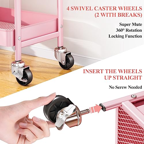 3 Tier Rolling Cart Organizer - Utility Cart on Wheels, Metal Pink Rolling Storage Cart with DIY Dual Pegboards, Removable Baskets Hooks, Teacher Rolling Art Cart for Office, Home, Kitchen, Classroom