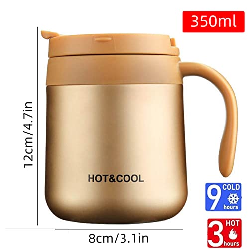 12oz/18oz Insulated Coffee Mug with Handle and Lid, Double Wall Vacuum Stainless Steel Coffee Travel Mug, Tumbler Cup,Reusable and Durable Travel Coffee Cup Thermal Cup, Gold 12oz