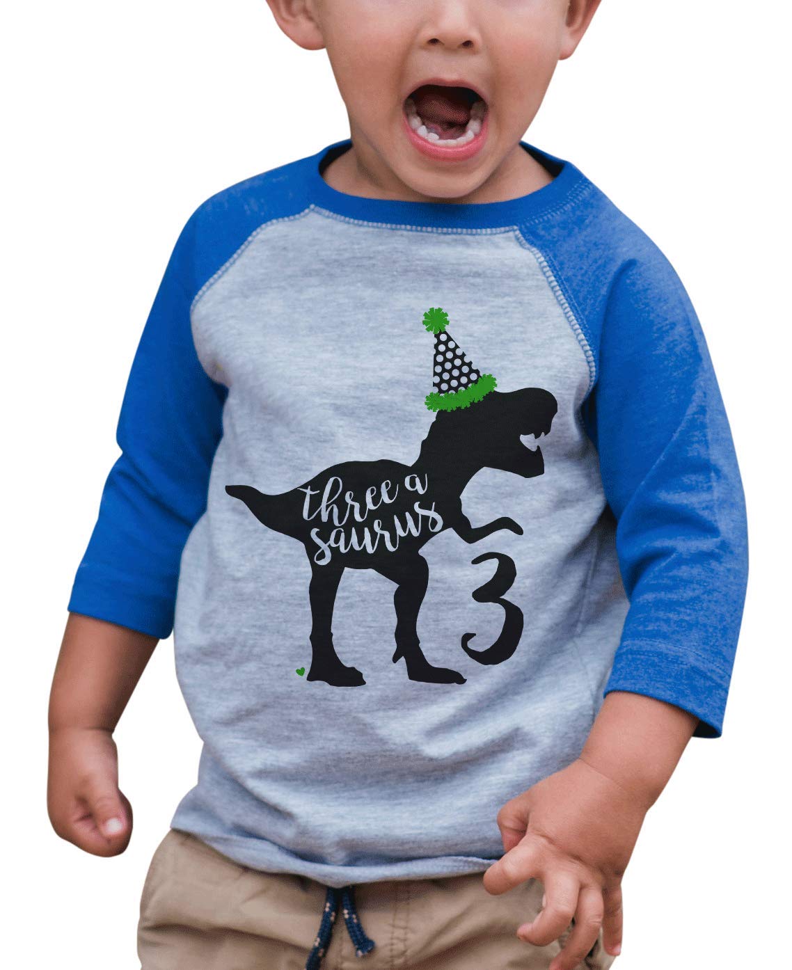 7 ate 9 Apparel Kid's Three 3rd Third 3 Dinosaur Birthday Dino Blue Raglan Tee 3T