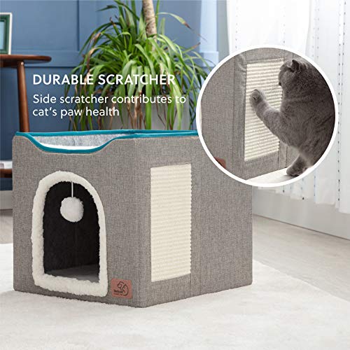 Bedsure Cat Beds for Indoor - Large Cat Cave for Pet House with Fluffy Ball Hanging and Scratch Pad, Foldable Hideaway,16.5x16.5x14 inches, Grey