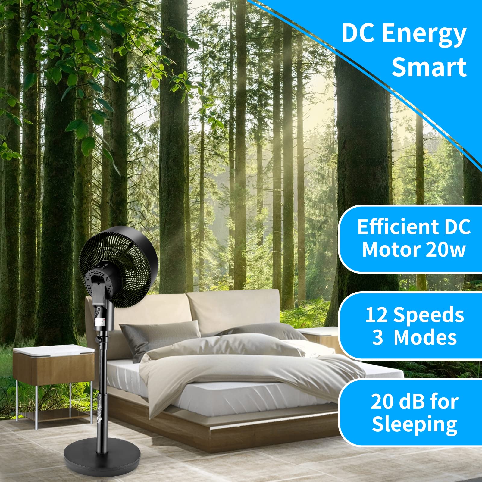 Air Circulator Fan Super Quiet with DC Motor Whole Room Oscillating Standing Floor Fan with Remote, 6 Adjustable Height, 3 Winds Mode, 12 Speeds & 90 Degree Pivoting Head For Bedroom Office Home
