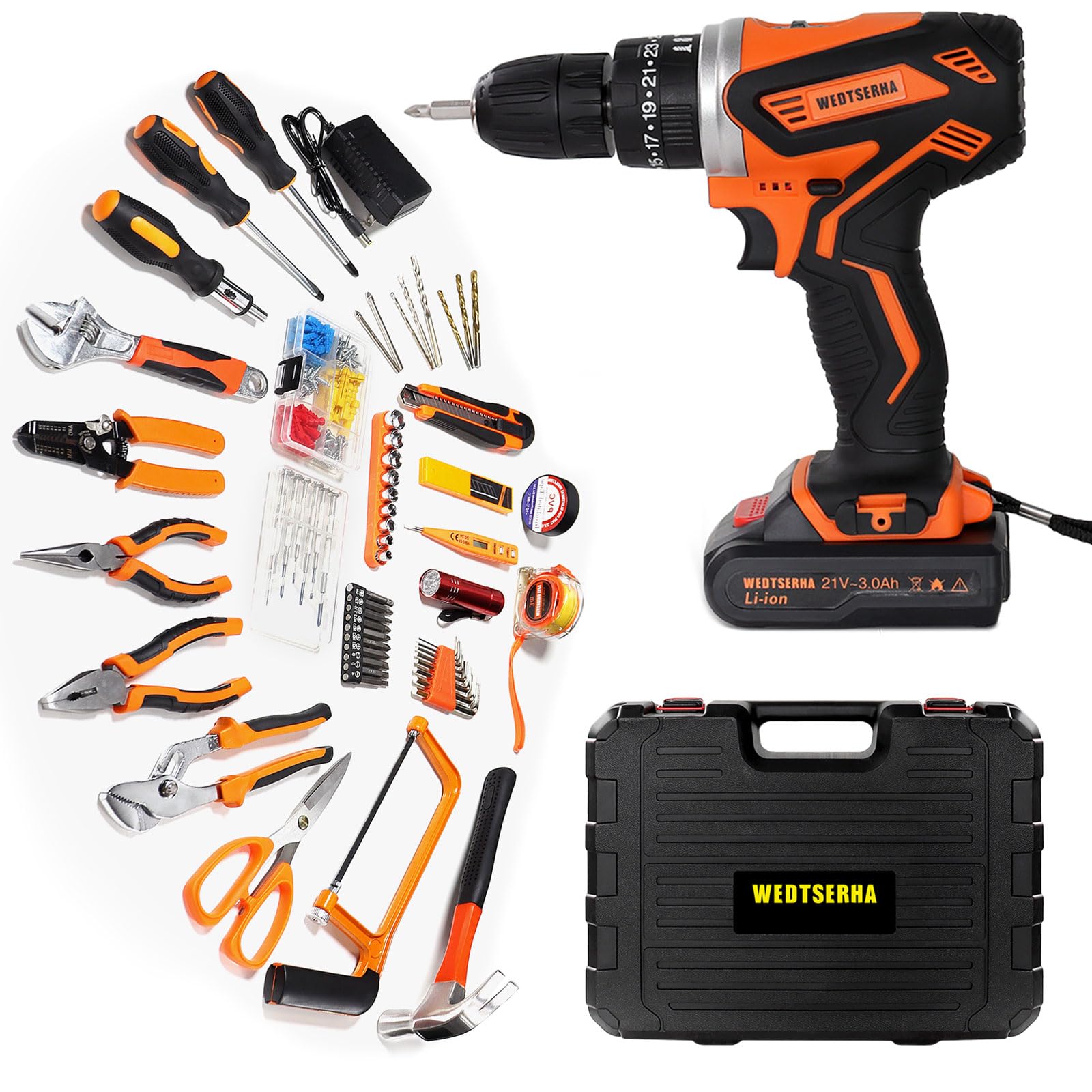 21V Cordless power drill bit&tool kit set,3/8"Keyless Chuck,25+1Clutch,Dual 2Variable speed settings:0-1500 RPM,1.5Ah Li-Ion Battery 3000mAh Rechargeable Used3~5H,life ​260times for Home tools box