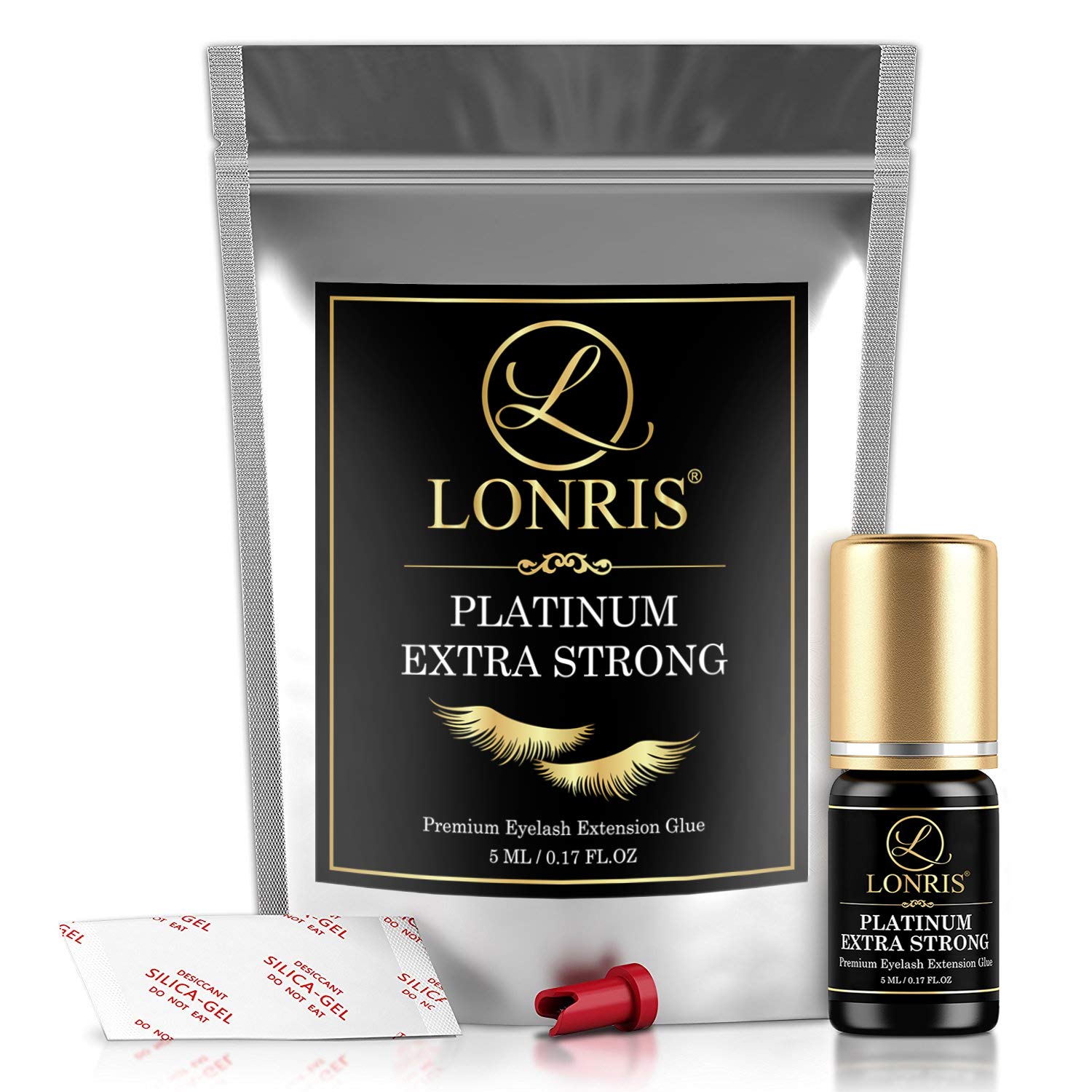 8-9 Weeks Retention/Volume Eyelash Extension Glue/Platinum Extra Strong LONRIS Lash / 0.5-1 Sec Drying time/Maximum Bonding/Semi-Permanent Extensions Supplies/Professional Use Black Adhesive (5 ML)