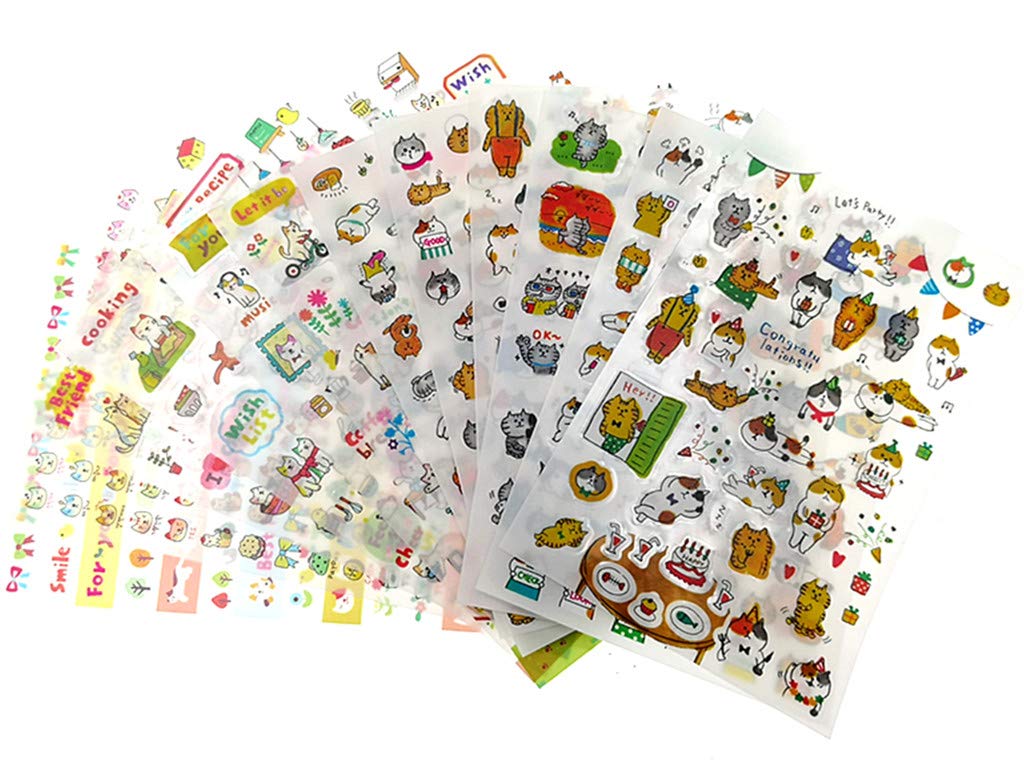 ALIMITOPIA Scrapbook Sticker,12 Sheets Kawaii Cartoon Cat Charactor DIY Transparent Decorative Paster Ornament Mark