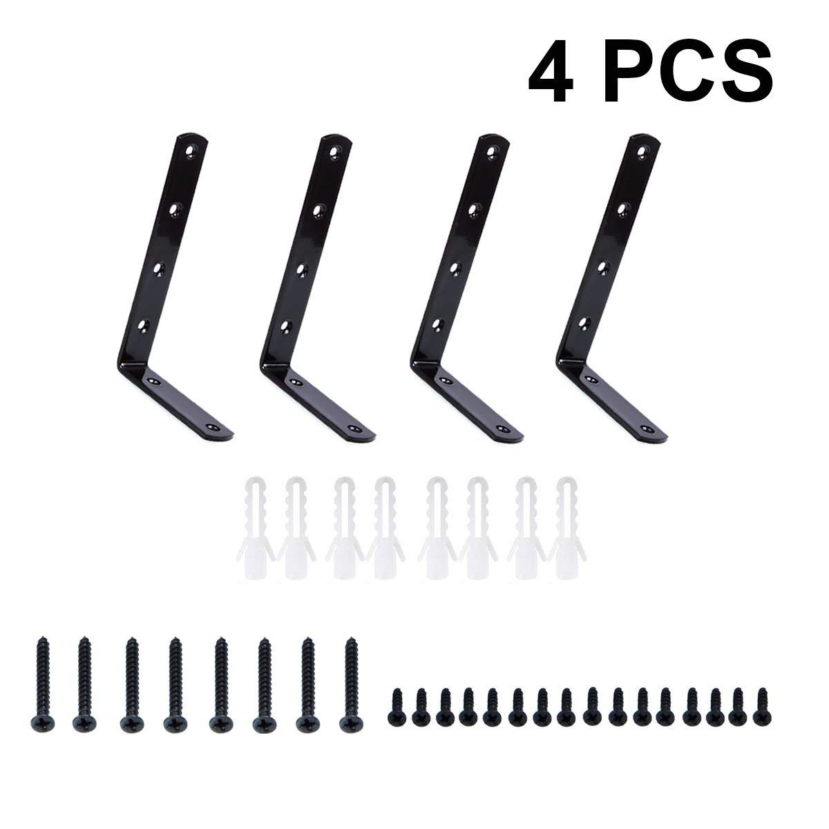 4 PCS 90 Degree Angle L Shaped Shelf Bracket with 24 Pcs Screws and 8 Pcs Anchors, Corner Brace Joint Bracket Fastener, 5 x 3Inch Floating Shelves Bracket Support Wall Hanging, Black, Metal