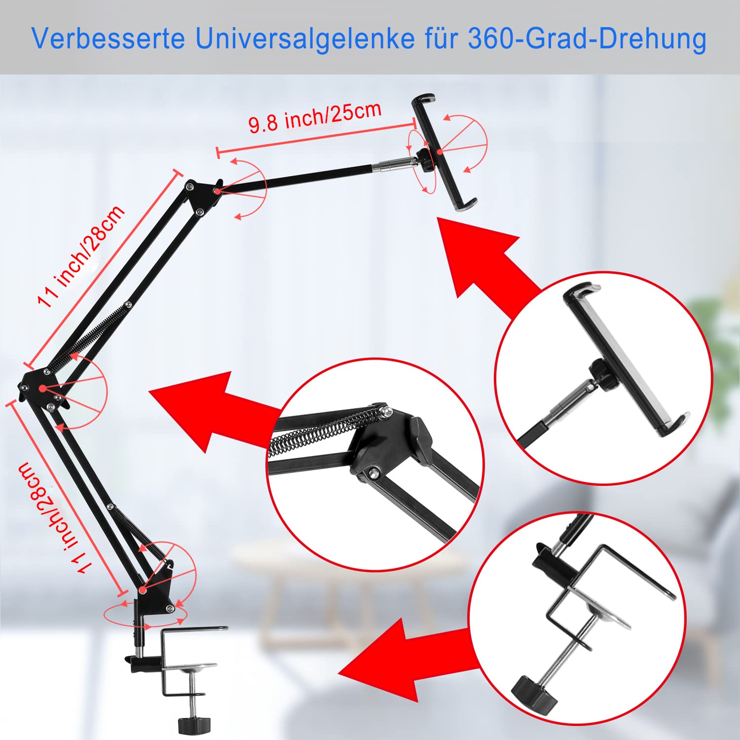 Tablet Stand Adjustable,Foldable Tablet Stand for Bed,Aluminum Universal Flexible Tablet Holder with 360 Degree Rotation Compatible with iPad/iPhoneX/iPad Pro/N-Switch,or Other 4.5~12.9 Inches Devices