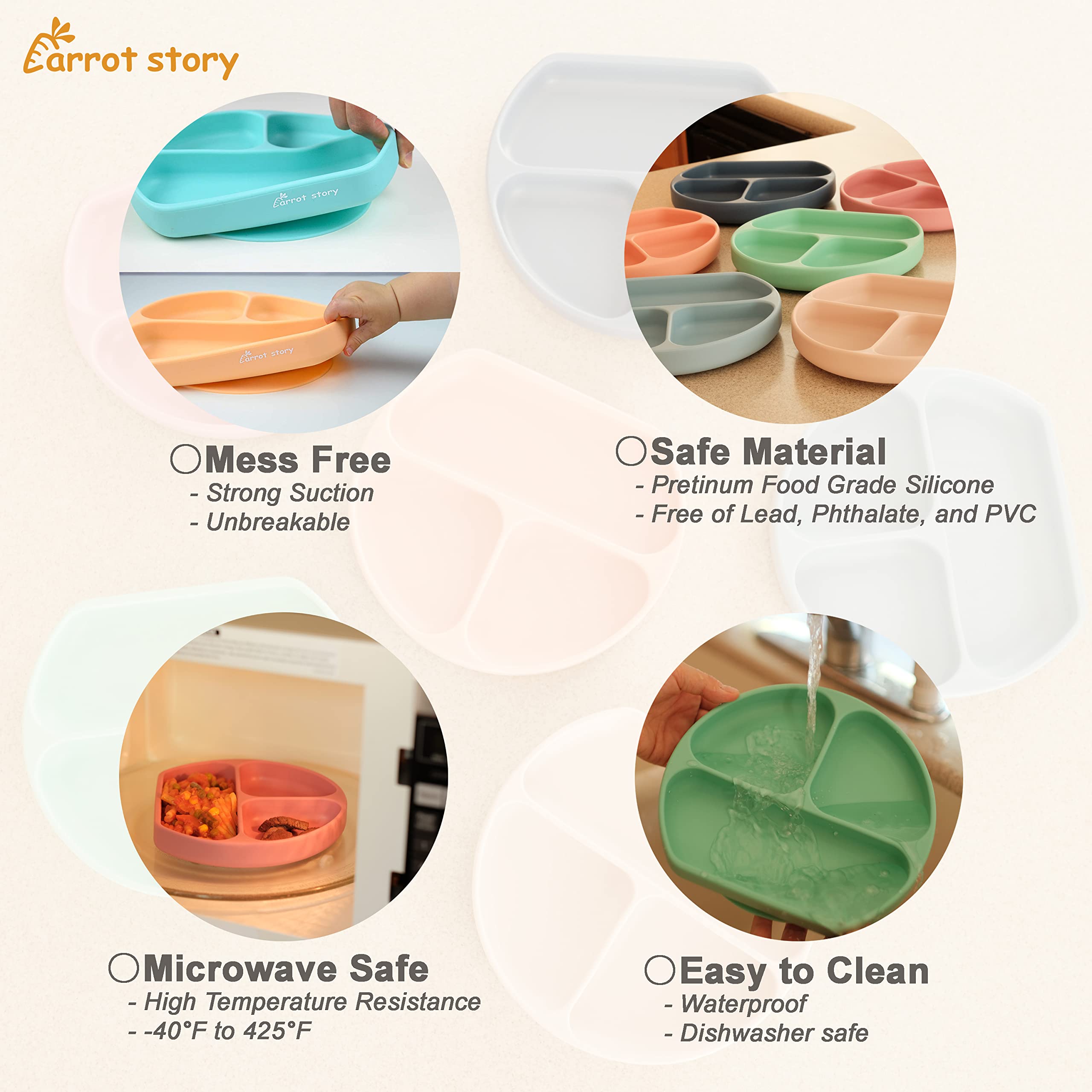 Carrot story 100% Silicone Suction Baby Toddler Plate, 2-Pack, Waterproof Washable Plate, BPA Free, Microwave/Dishwasher Safe (Sweet)