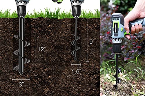 2 Pack Auger Drill Bit for Planting 3"x12" and 1.6"x9" Spiral Drill for Planting Flower Garden Auger Hex Drive Drill, Hole Digger Auger Set for 3/8β Hex Drive Drill