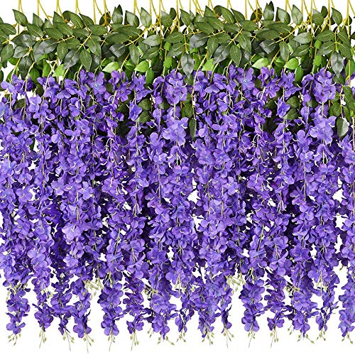 24 Pack Wisteria Flower Vines Garland, 3.75 Feet Artificial Flower Strings, Fake Hanging Flowers, Silk Wisteria Garland Flowers, Wisteria Vine for Wedding, Garden, Wall Decoration (Purple Blue)