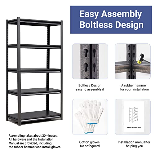 5 Tier Metal Shelving Unit 2000LBS Capacity Adjustable Garage Storage Utility Rack Heavy Duty Shelves Organization Shelf Warehouse Basement Kitchen Living Room Pantry - 31.5"W x 15.7"D x 63"H