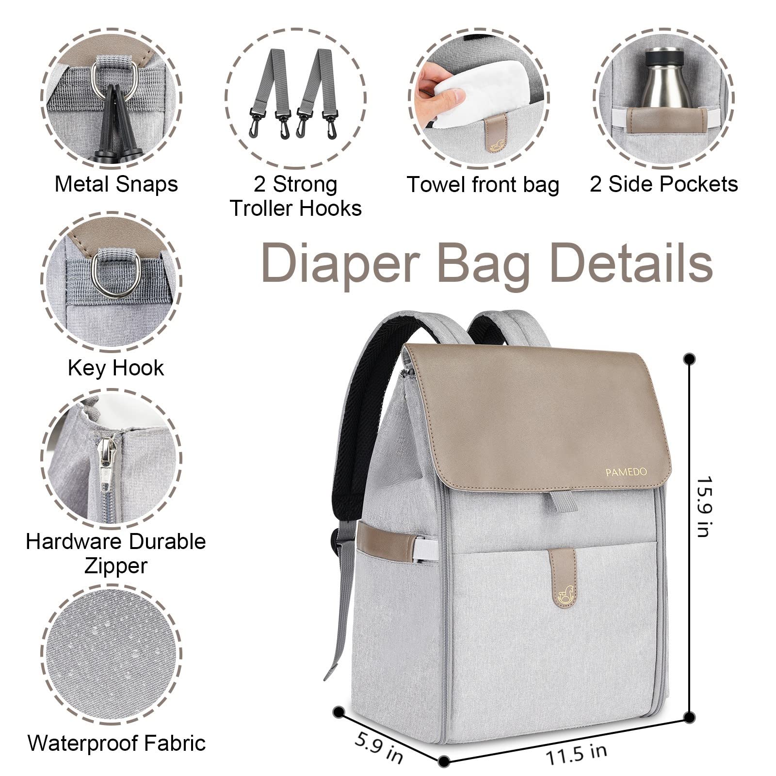 3 in 1 Diaper Bag with Changing Pad Station and Diaper Bag Tote – Pamedo Large Multifunction Travel Backpack- Waterproof Diaper Backpack- Unisex Newborn Gift Ideas Baby Bags, Grey, (PMD01)