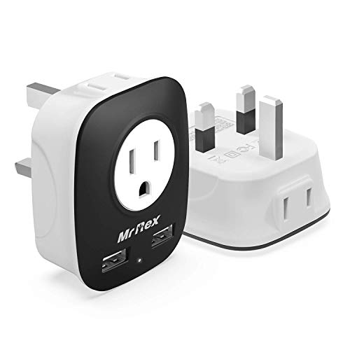 Mr Rex US to UK Travel Adapter [2-Pack], Type G Plug Power Adapter 2&3-Prong Outlet and 2 USB Ports for US to London England Scotland Ireland, Singapore, Macau, Malaysia; for Phone, Laptop, Camera