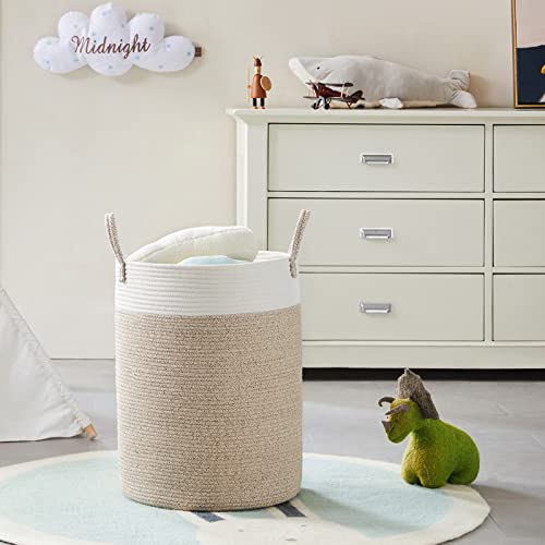 Cotton Rope Laundry Hamper by YOUDENOVA, 58L - Woven Collapsible Clothes Storage Basket for Blankets, Laundry Room Organizing, Bedroom, Brown & White