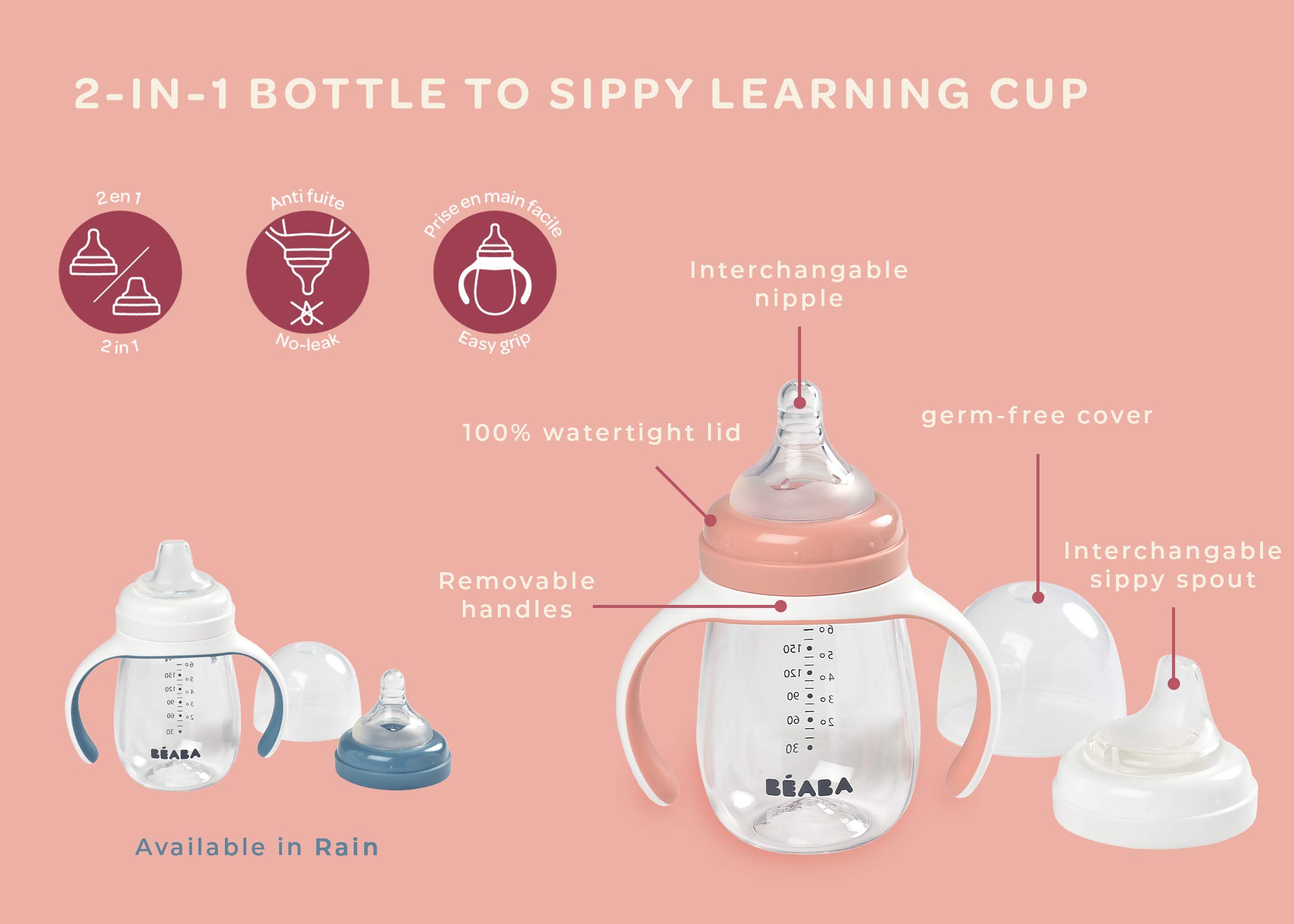 BEABA 2-in-1 Baby Bottle to Transition Sippy Cup, No Spill Sippy Cup, Includes Removable Handles, Silicone Baby Bottle Nipple and Soft Spout, 7 oz (Rose)
