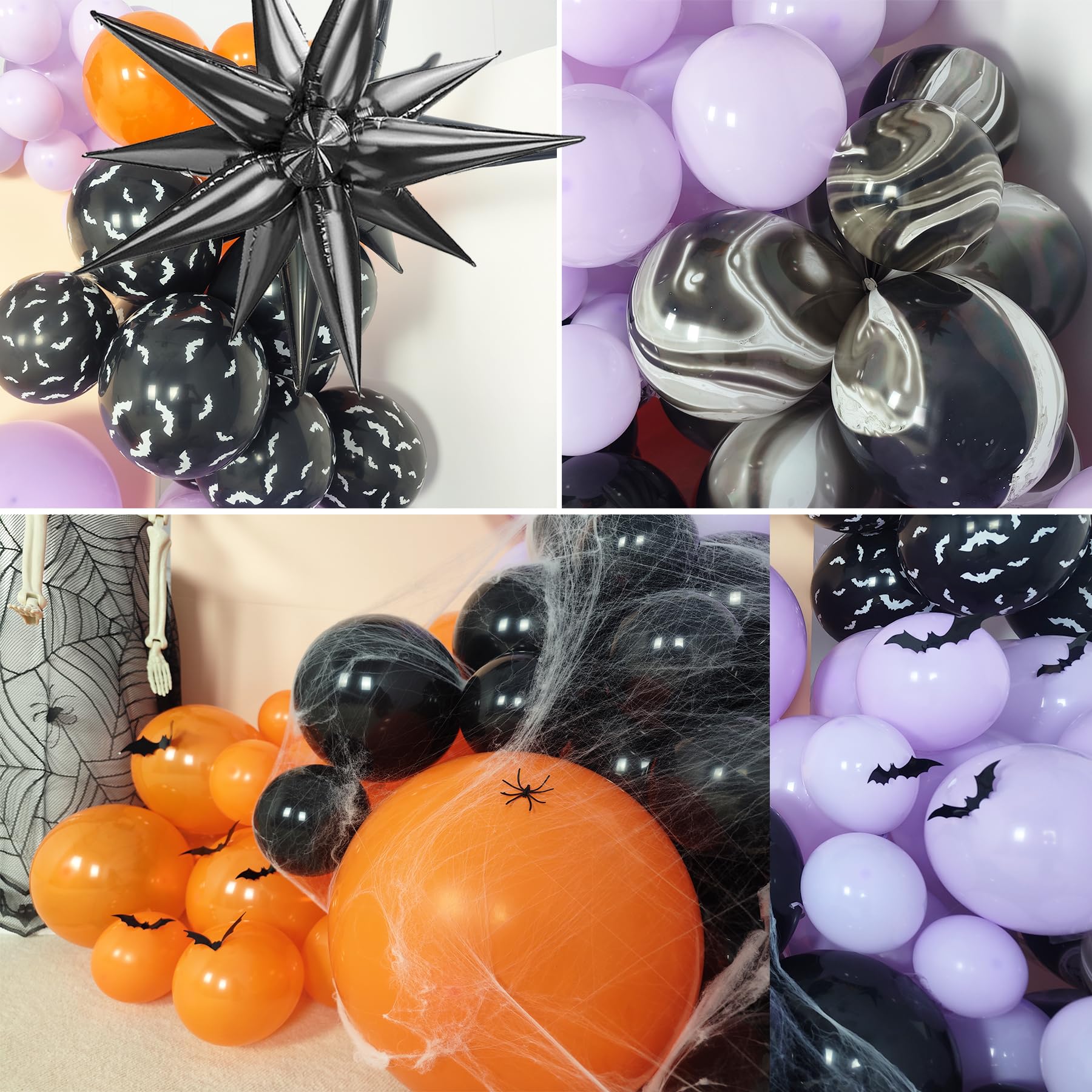 187pcs Halloween Balloon Garland Arch Kit, Halloween Decorations Party Supplies, Large Size Halloween Balloon Garland with Halloween 3D Bat Sticker, Halloween Spider Web