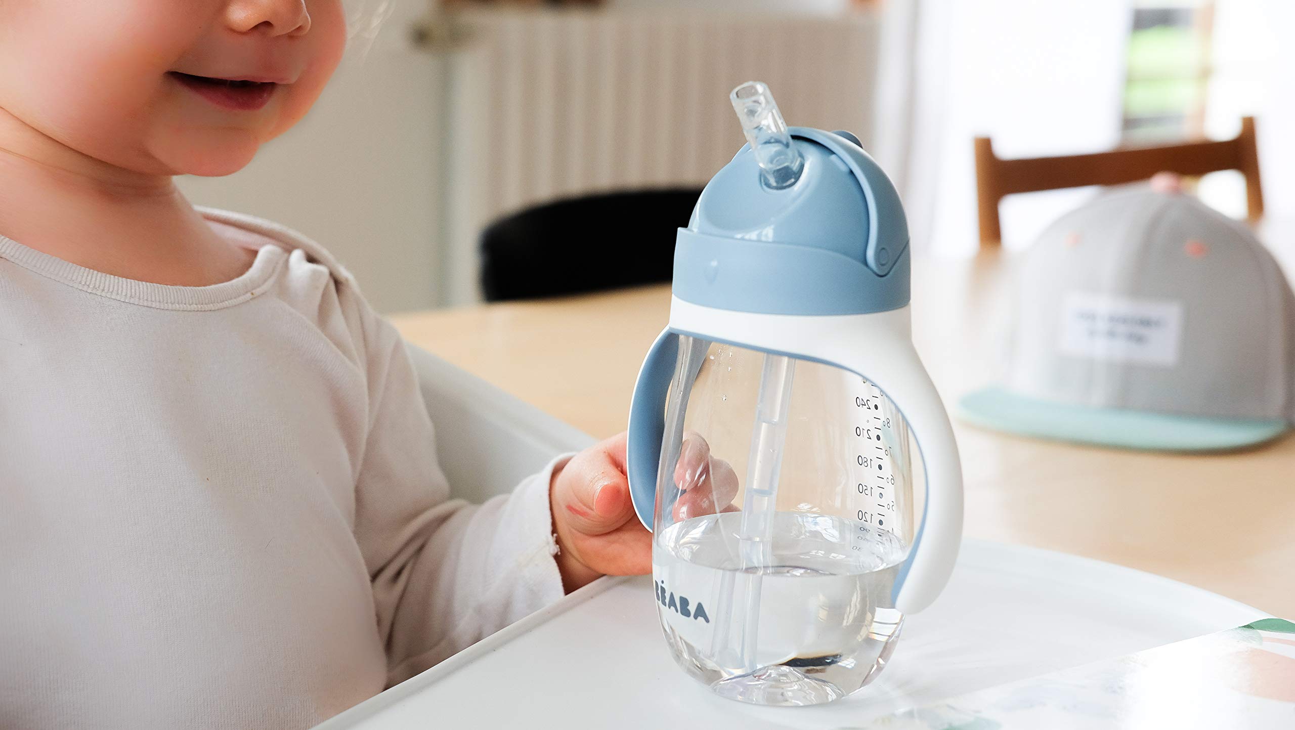 BEABA Straw Sippy Cup, Toddler Baby Straw Cup with Removable Handles, Leak and Spill Proof, BPA Phthalate Free, 8+ months, 10 oz, (Rain)