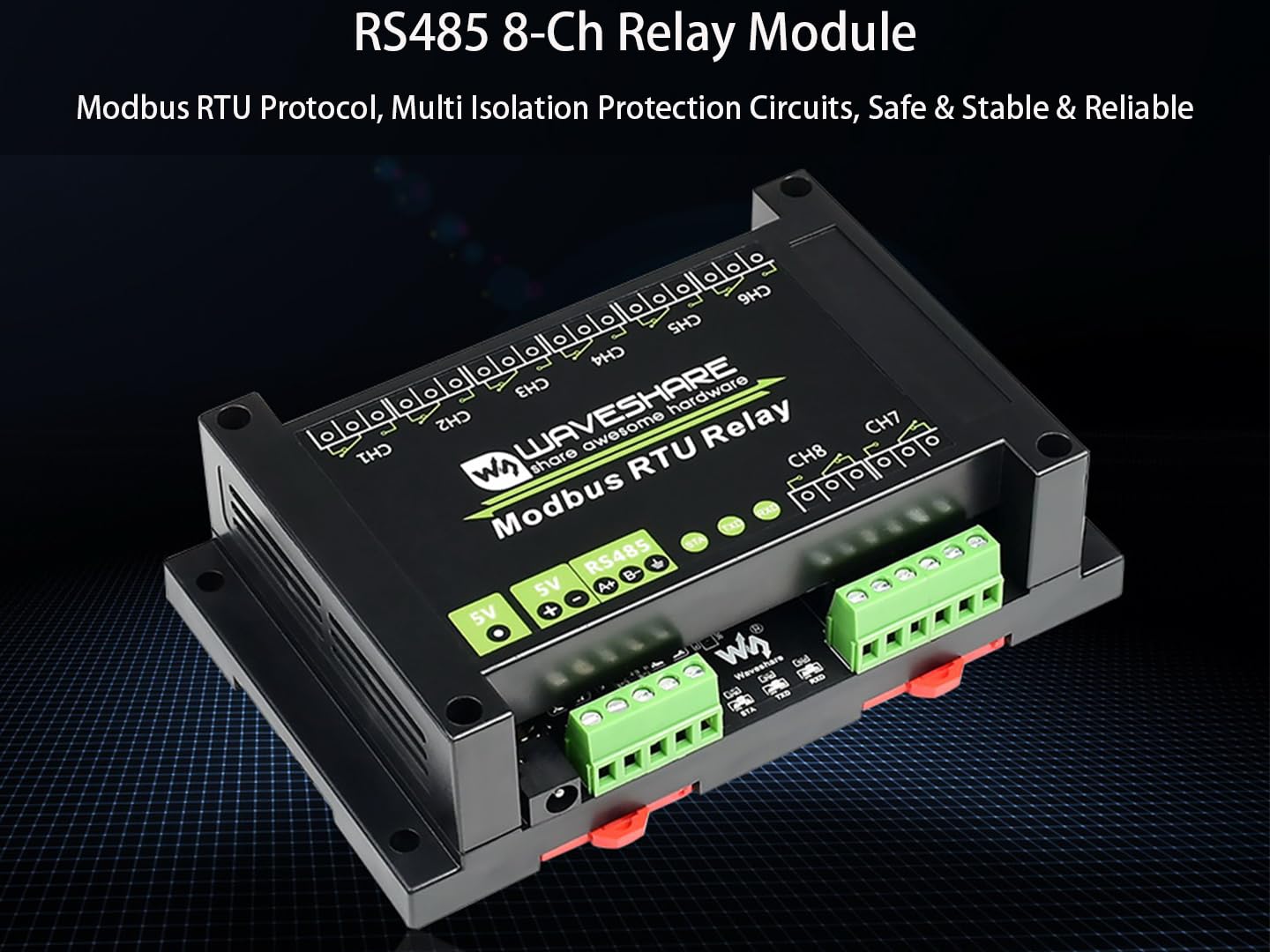 Waveshare Industrial Modbus RTU 8-Ch Relay Module with RS485 Bus, Multi Isolation Protection, 5V Voltage