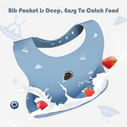 Little Dimsum Silicone Baby Bibs Soft Comfortable Baby Food Bibs Waterproof Feeding Bibs Toddlers Adjustable Silicone Bibs Baby with Food Catcher Easy Wipes Clean,Glatic&spaceship