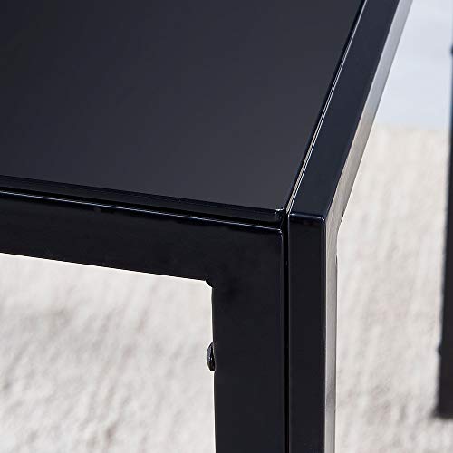 Set of 5 Dining Table Chair Set, Black Glass Square Dining Table and 4 Black Faux Leather Dining Chairs, Modern Dining Room Set with Metal Legs 5-Piece Kitchen Table Chair Set for Home Restaurant