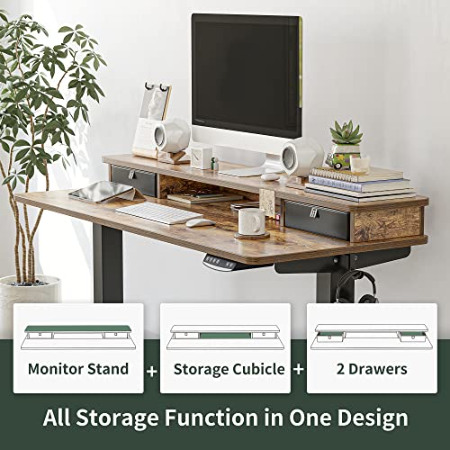 FEZIBO Height Adjustable Electric Standing desk with Double Drawer, 48 x 24 Inch Table with Storage Shelf, Sit Stand Desk with Splice Board, Black Frame/Rustic Brown Top, 48 inch