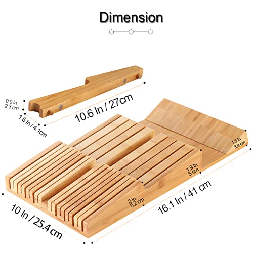 Bamboo In-Drawer Knife Block for 16 Knives and 1 Sharpening Steel(No Knife Included), Large Detachable Washable Kitchen Knife set, Drawer Knife Set Storage, Knife Organizer and Holder