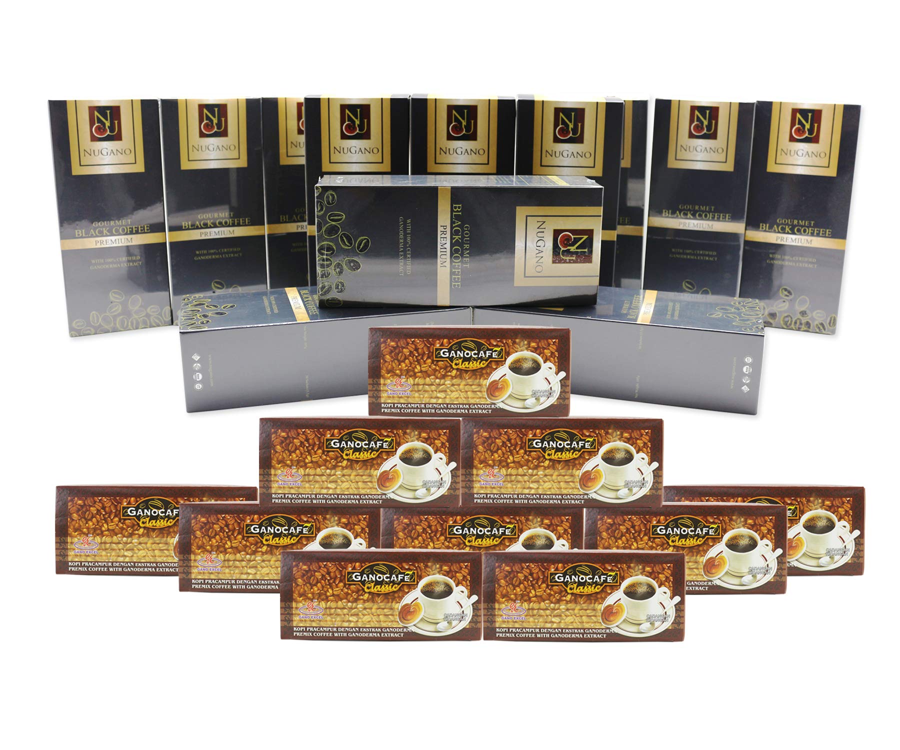 12 Box Nugano Black Coffee + 10 Box Gano Excel Classic - 100% Certified Ganoderma Lucidium Extract Bold and Flavorful Healthy Gourmet Instant Coffee