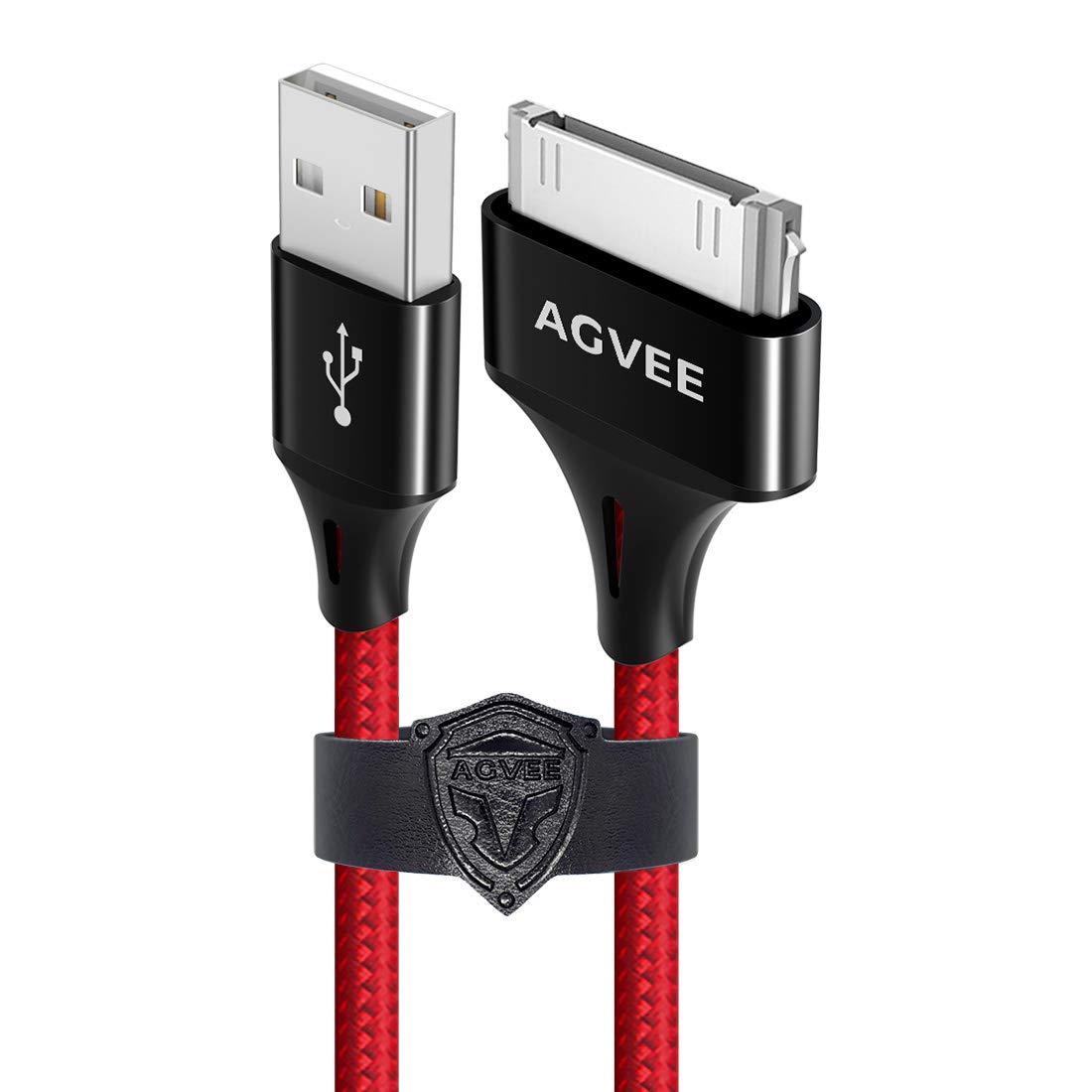 AGVEE [3 Pack 10ft for Old iPhone 4/4S iPad 1/2/3 iPod Charger Cable, 30 Pin Heavy Duty Fast Unbreakable Nylon Braided Slim Metal Shell Long Charging Data Sync Cord with Leather Ties, Red