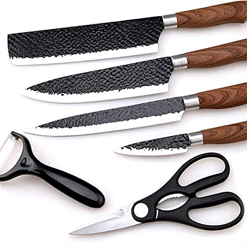 Vivid Cookware Stainless Steel Knives Set, 6 Pcs High Carbon Non Stick Large Blade Knife Block Set | 8" Chef Knife - 8" Carving knife - 8" Small Cleaver - 3.5" Paring Knife - Scissors - Ceramic Peeler