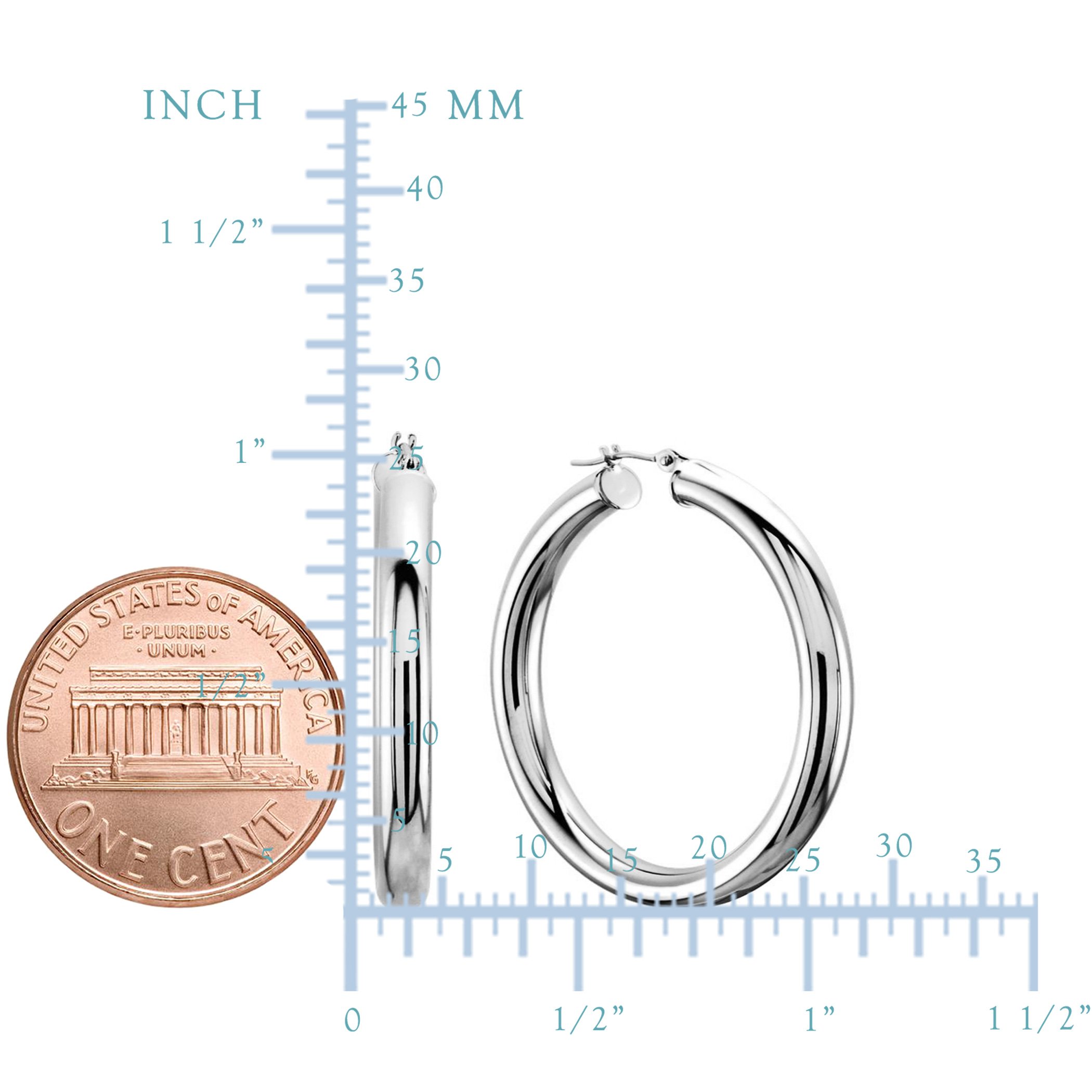 10k White Gold 3mm Shiny Round Tube Hoop Earrings, Diameter 25mm