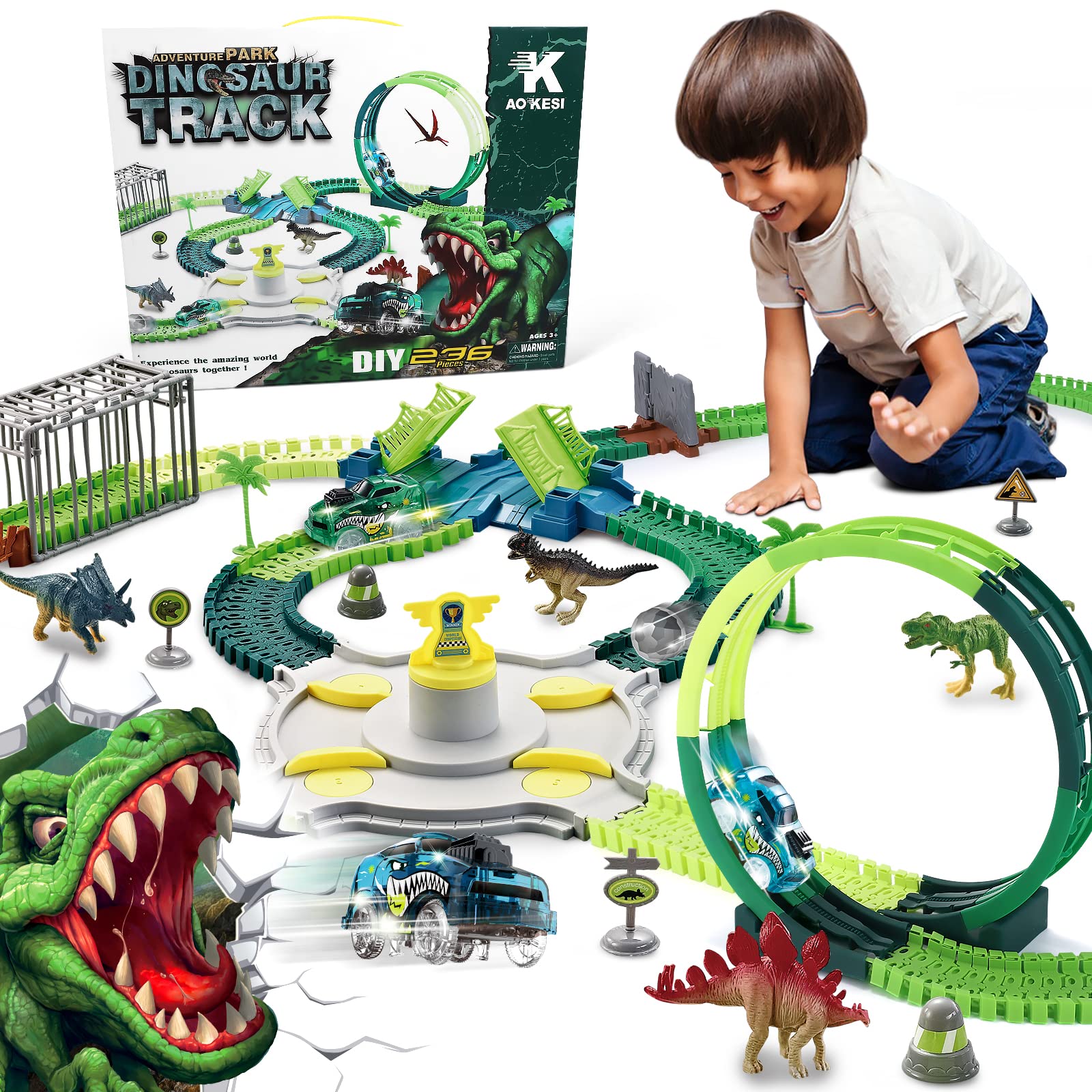 236 PCS Dinosaur Toys Race Track, Create a Dinosaur World Road,Flexible 360° Train Tracks Playset with Turntable Playset, Christmas Birthday Gifts for 3 4 5 6 7 Years Old Boys Girls Kids