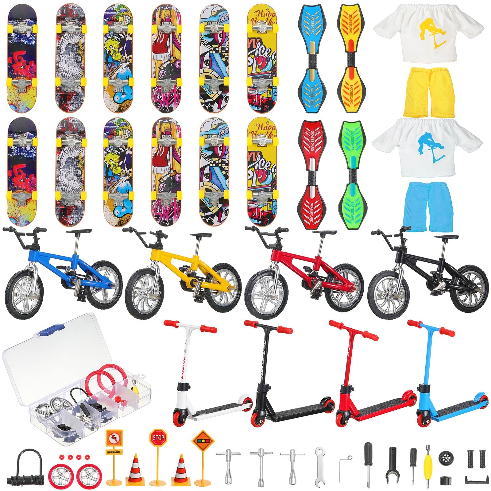 55 Pcs Mini Finger Toys Finger Skateboards Finger Bikes Finger Scooter Finger Pants Mini Swing Board Bicycle Lock Finger Replacement Wheels Tools Traffic Signs for Movement Party Favors Accessories
